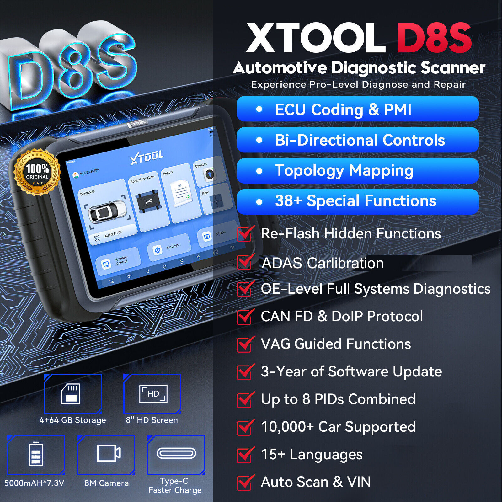 USED XTOOL D8S Automotive Diagnostic Tool E.CU Coding Full System ...