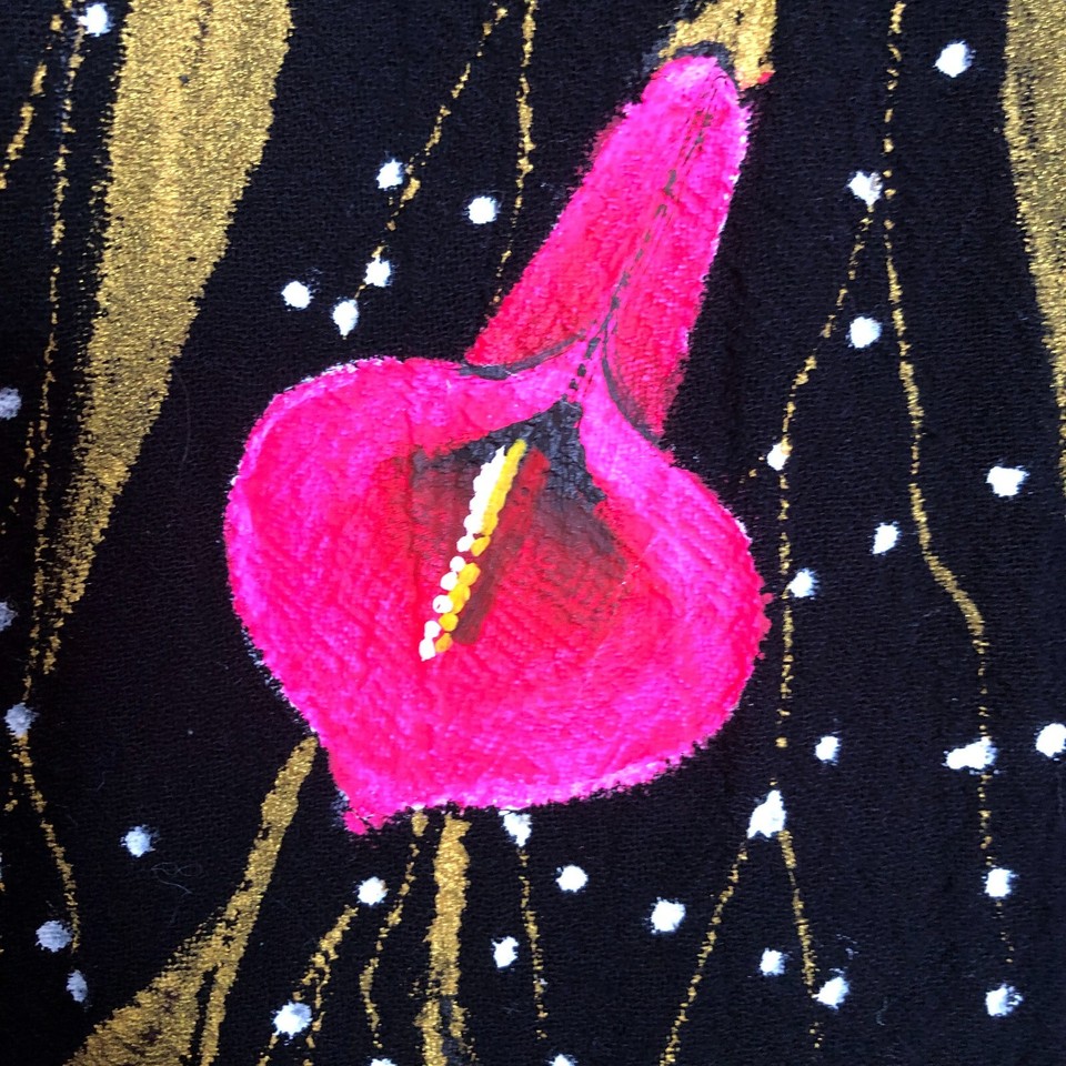 Artsy Hand Painted Tunic Top Size Large Black Cotton Fuchsia Pink Calla ...