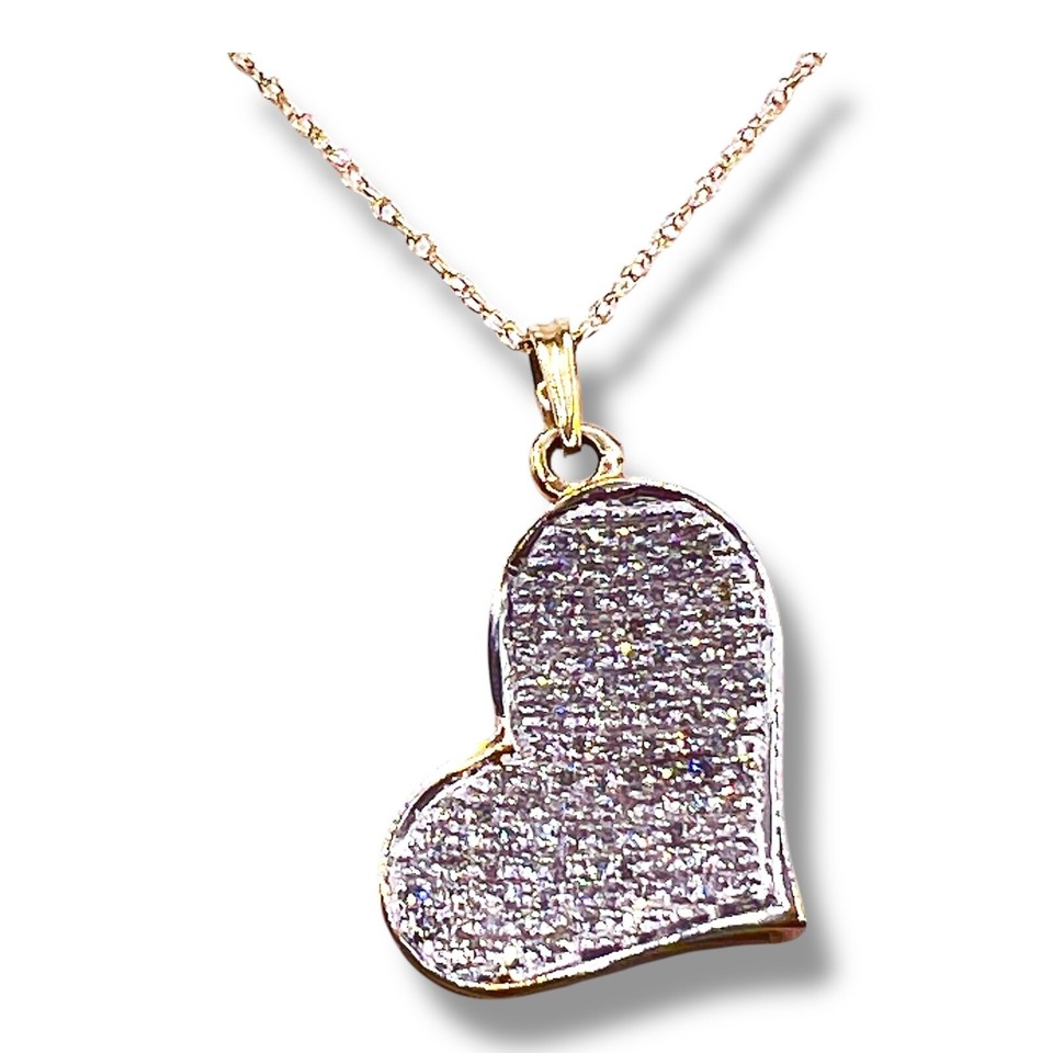 10k White Yellow Gold Diamond Micro Pave Slanted Heart Necklace 18" | eBay