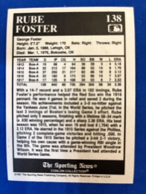 MLB - Rube Foster 1991 Sporting News Conlan Collection - Red Sox | eBay