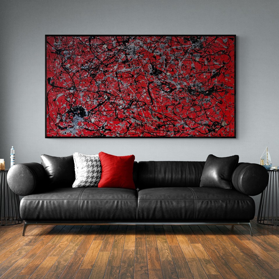 XXL Jackson Pollock Style Red Abstract Canvas - Handmade Large WallArt ...