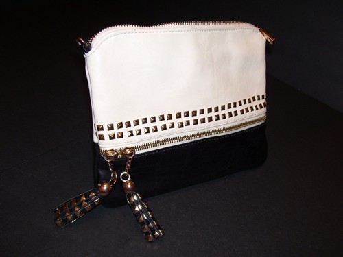 MMS Handbag Clutch Purse Tan Black Two Tone Studs Tassels Bag Gold ...