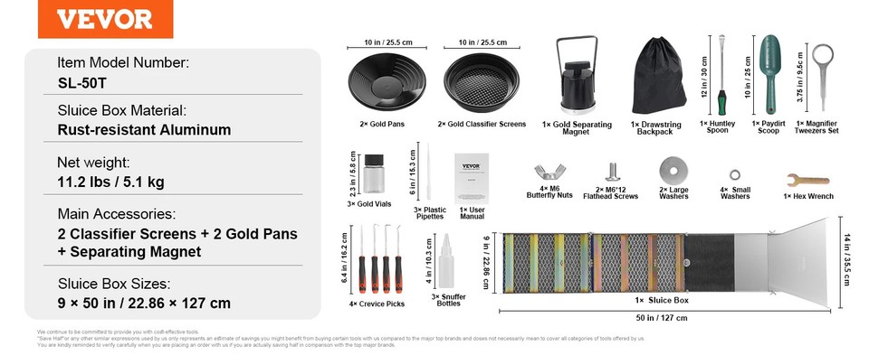 🔥VEVOR 50Inch Folding Sluice Box Gold Panning Kit 23pc Gold Prospecting ...