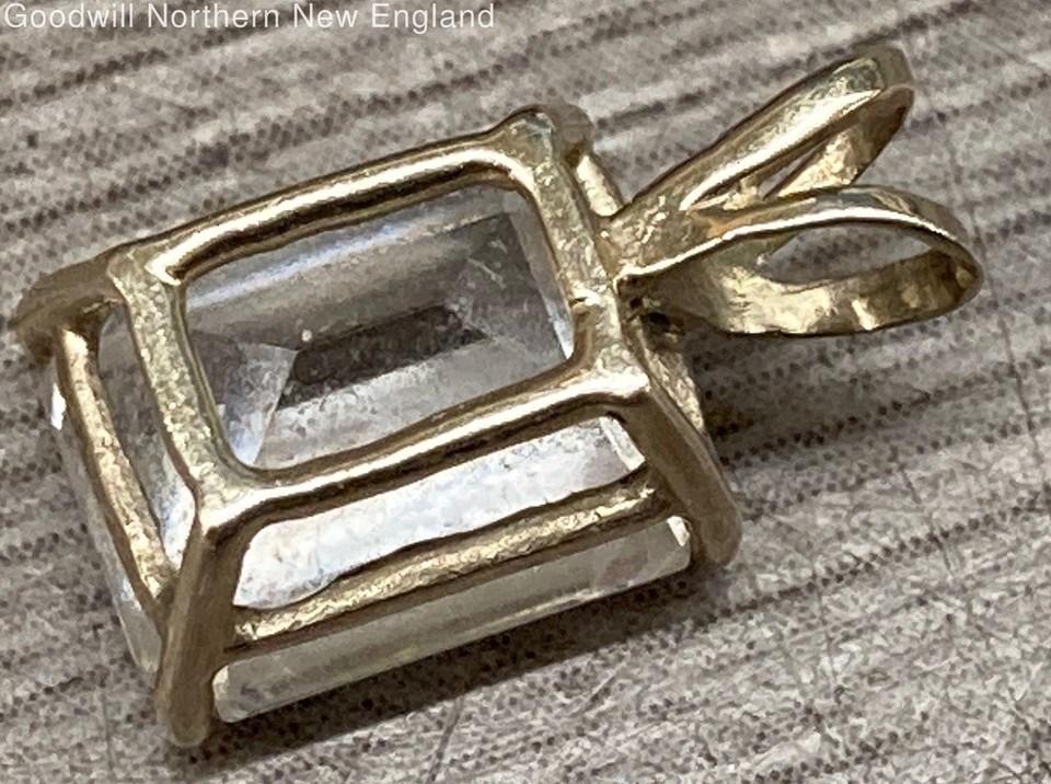 Unmarked Tests 14k White Gold Emerald Cut White Glass Stone Pendant 1/2 ...