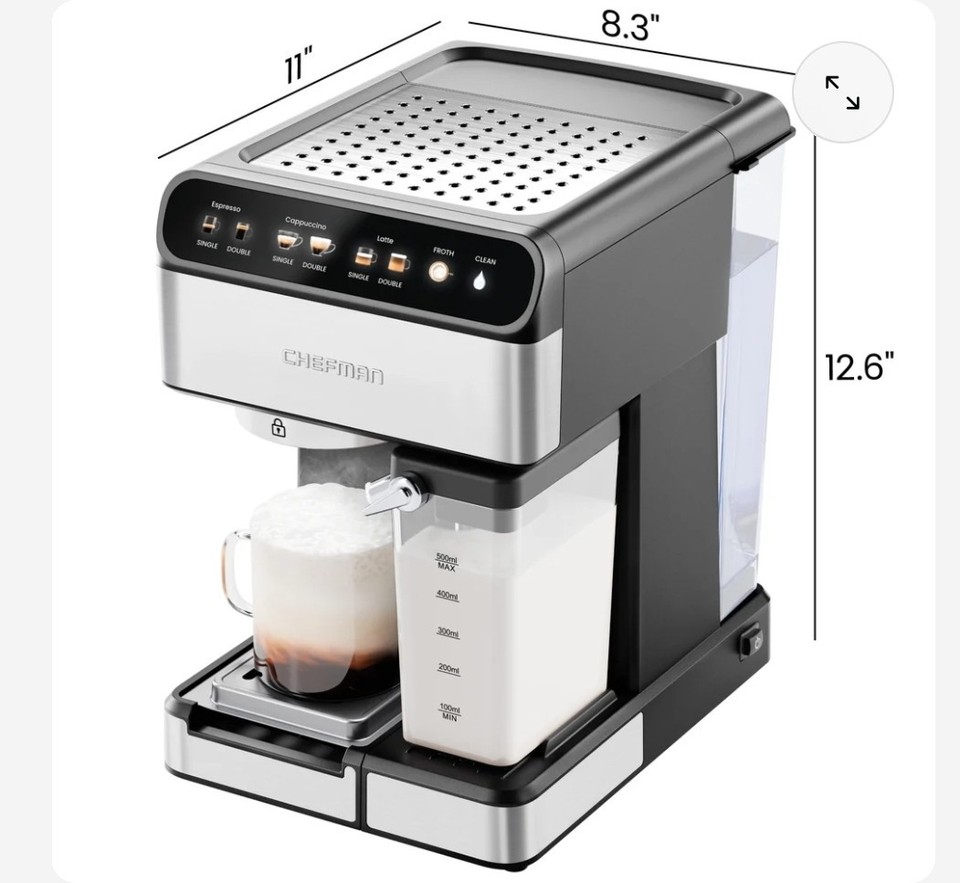 Chefman 1.8L Barista Pro Espresso Machine, Stainless Steel 6-in-1 RJ54 ...