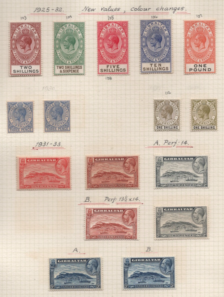 GIBRALTAR 1912-1931 COLLECTION OF 42 STAMPS TO SHILLING & POUND VALUES ...