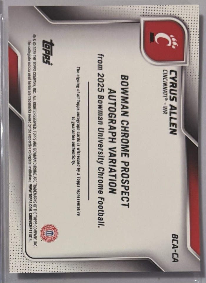 Cyrus Allen 2025 1st Bowman Chrome U Auto Cincinnati Bearcats RC #BCA ...