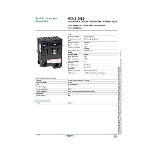 Homeline Plug-on Circuit Breaker HOM2150BB Branch 150 AMP UL Approved ...