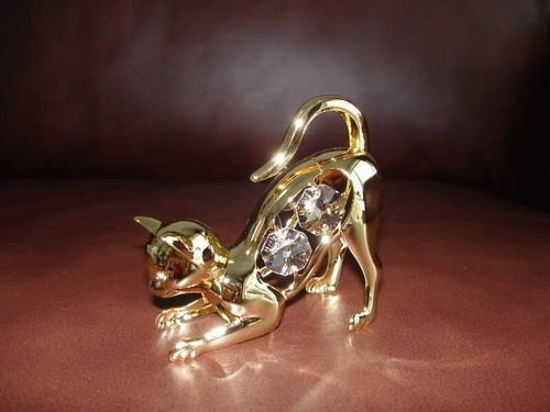 CROUCHING CAT ~24K GOLD PLATED FIGURINE ADORNED USING SWAROVSKI CRYSTAL ...