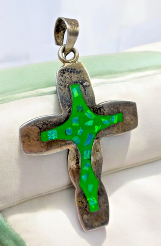 VTG Signed Mexico Sterling Silver abalone green inlay wavy cross ...