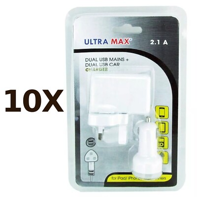 10X UltraMax Dual USB Main Travel Wall + Car USB Plug Power Adaptor ...