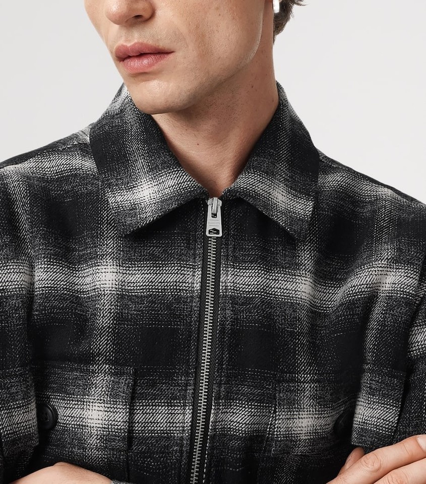 Brand New AllSaints Bayo Sherpa Checked Jacket x Small Black Grey Wool ...