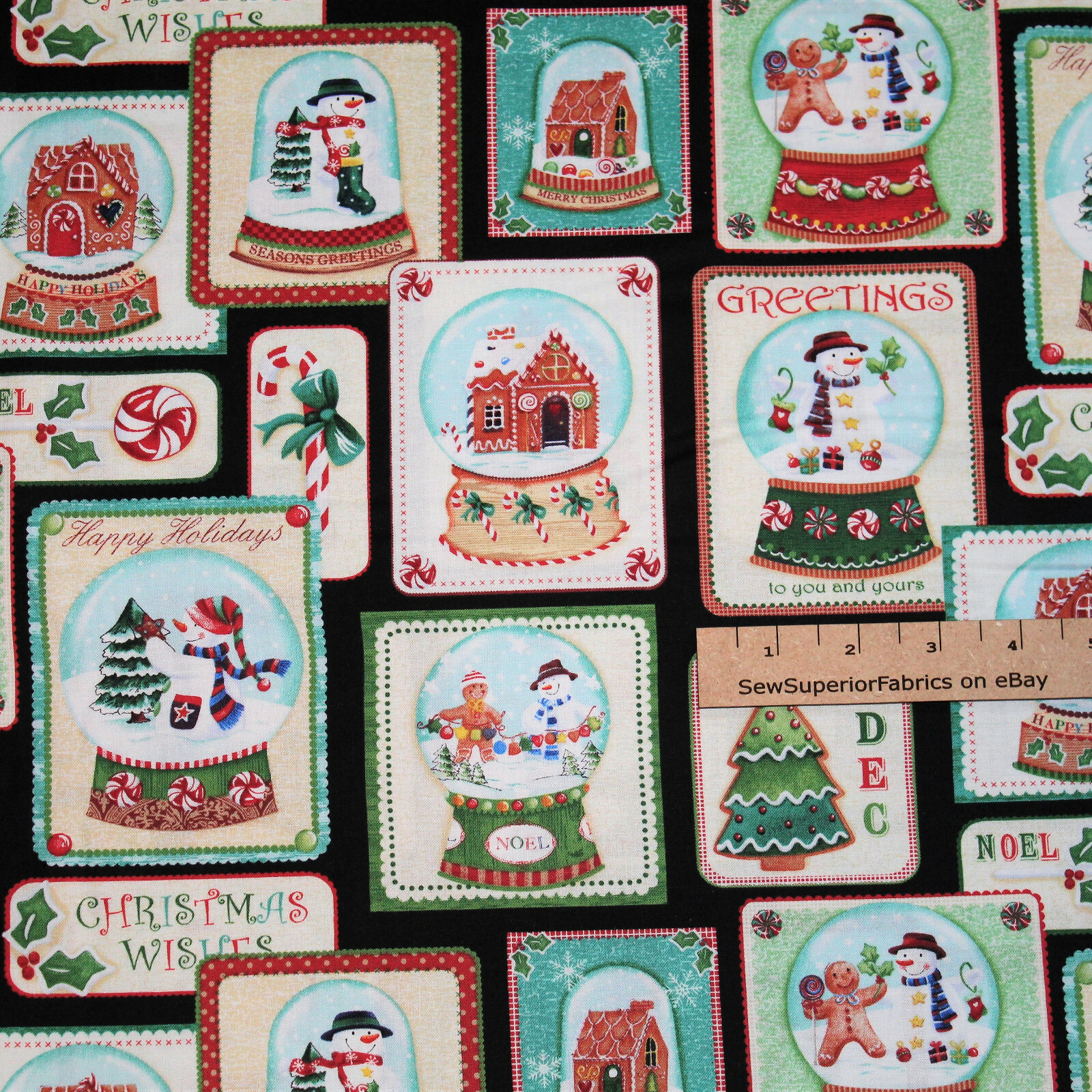Happy Holidays Snowmen Snowglobe Blk Benartex Christmas Fabric 1/2 Yard ...