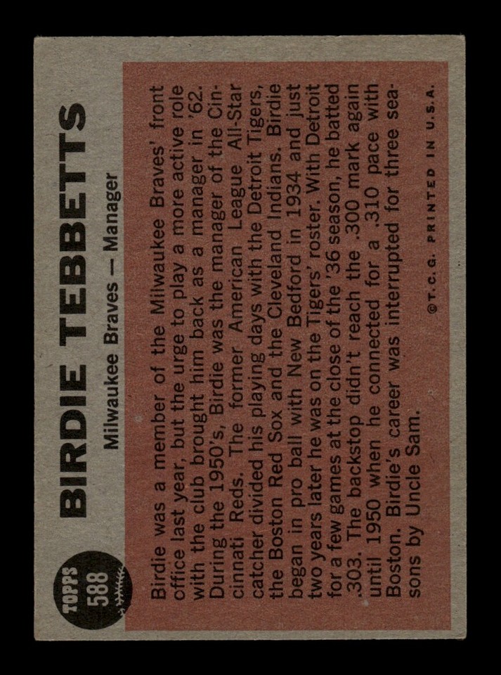 1962 Topps Set Break #588 Birdie Tebbetts EX-EX/MT *BNCARDS* | eBay