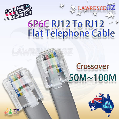 50~100m Grey RJ12 6P6C Crossover Reverse Flat Telephone Cable Lead Cord ...