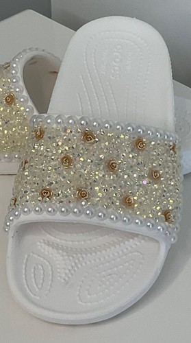 White Crocs Sliders Size UK6 Diamante Crushed Diamond Embellished BNWT ...