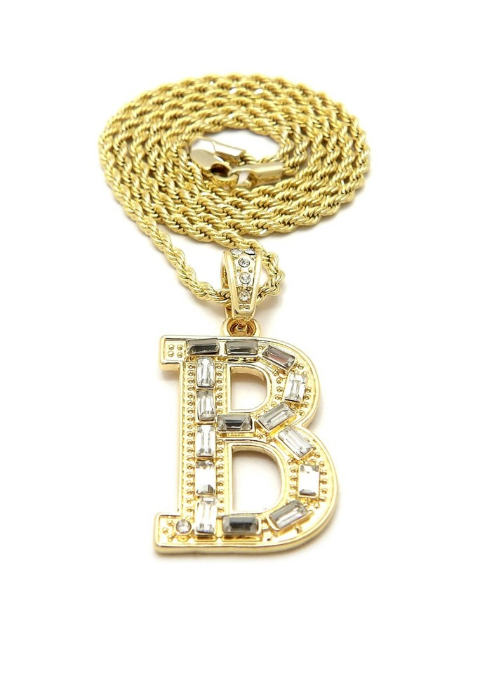 Iced Alphabet Initial B PENDANT & 18"~ 24" Box Cuban Rope Chain Hip Hop ...