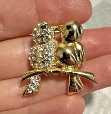 Vintage Ciro Birds on Branch Green Emerald Eyes Rhinestones Gold tone ...