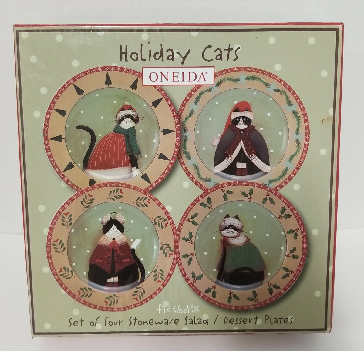 Fiddlestix Holiday Cats Salad Dessert Plates 4pc Set ONEIDA Stoneware ...