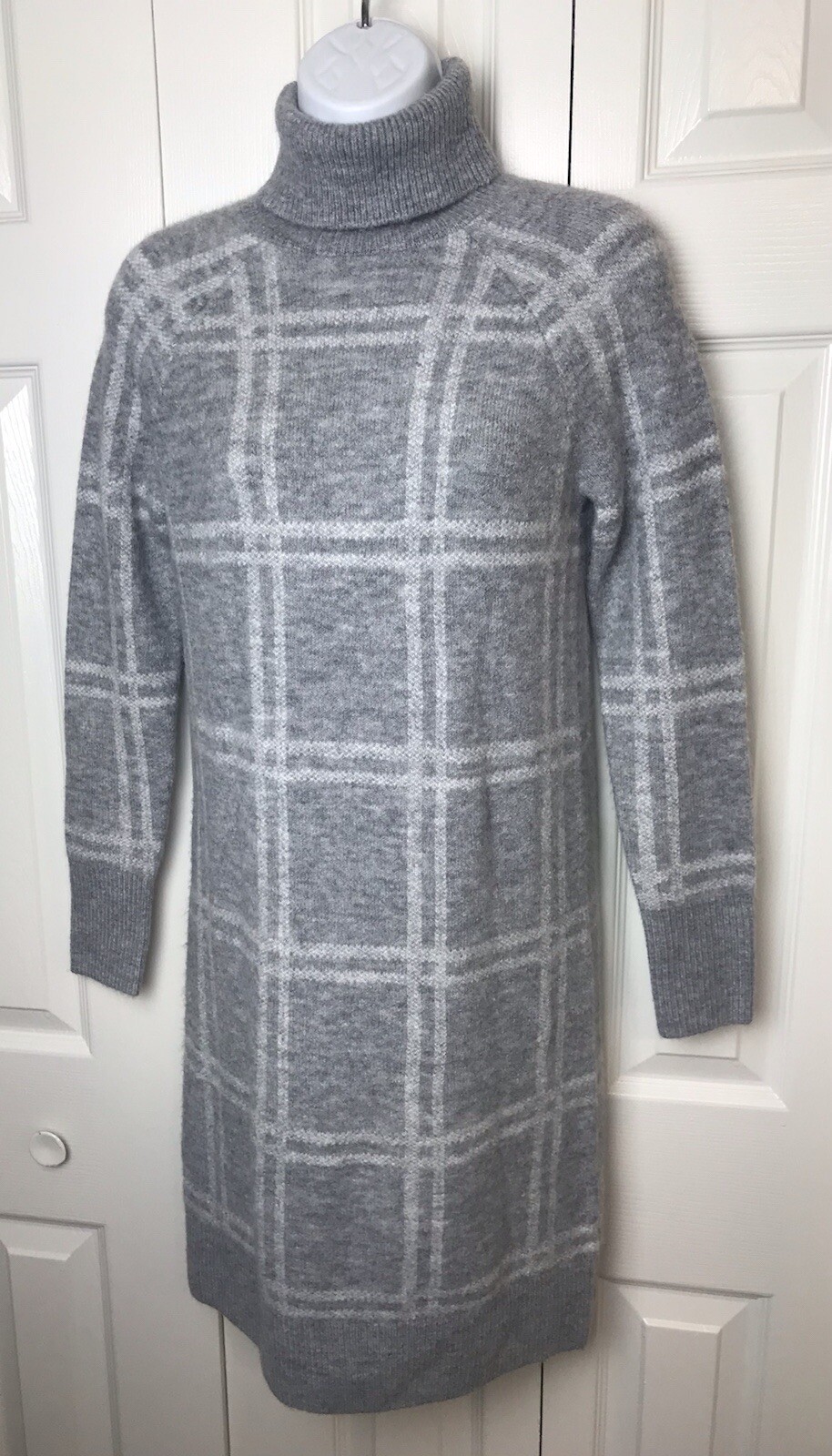 BANANA REPUBLIC Windowpane Sweater Dress Gray White Striped Turtleneck ...