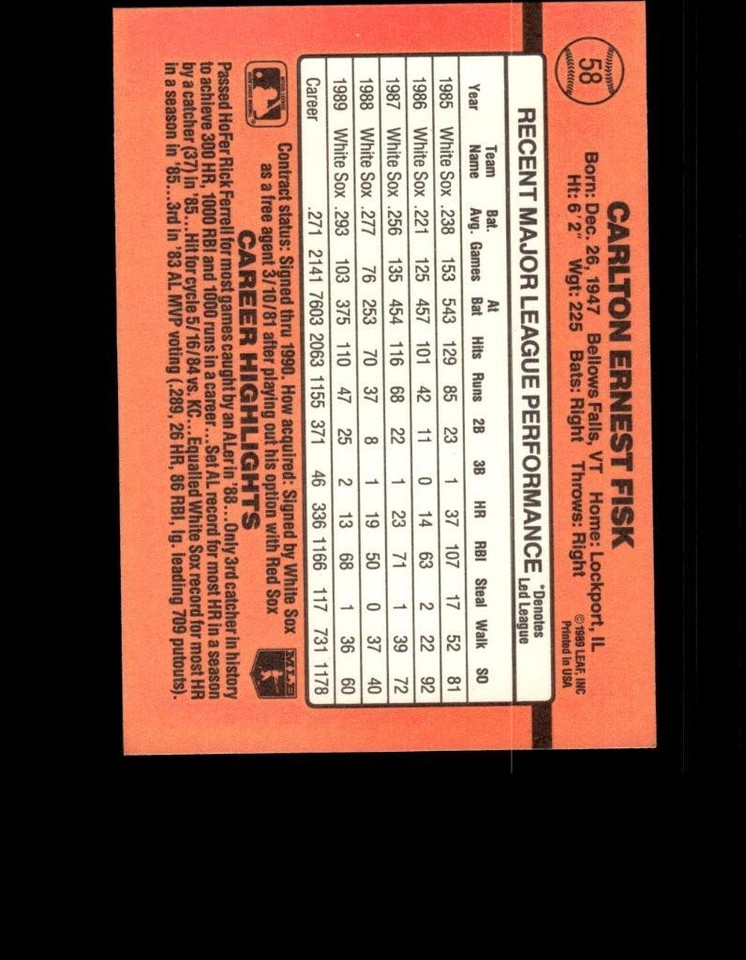 CARLTON FISK CARD #58 BFU9R2S4P58 FREE SHIPPING | eBay