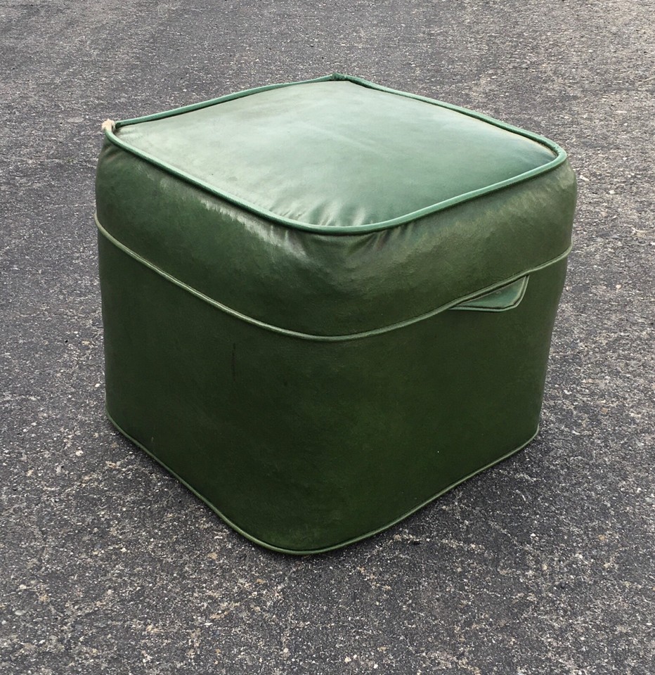 original vintage 1970s retro era green vinyl pouf square footstool foot ...