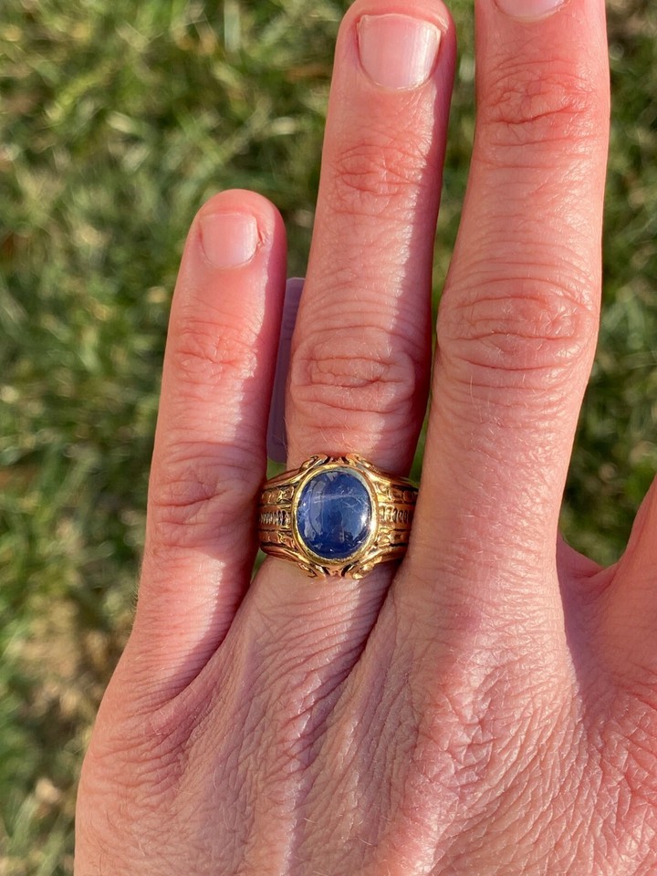 Men's Signed 18K Yellow Gold Cocktail Ring set with Star Sapphire | eBay