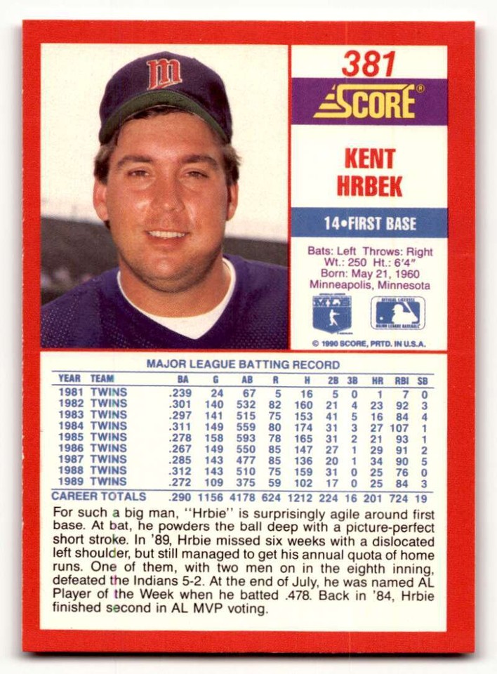 1990 Score #381 Kent Hrbek ID:46425 | eBay