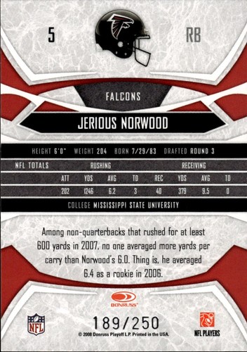 2008 Donruss Gridiron Gear Silver Holofoil O's #5 Jerious Norwood ...