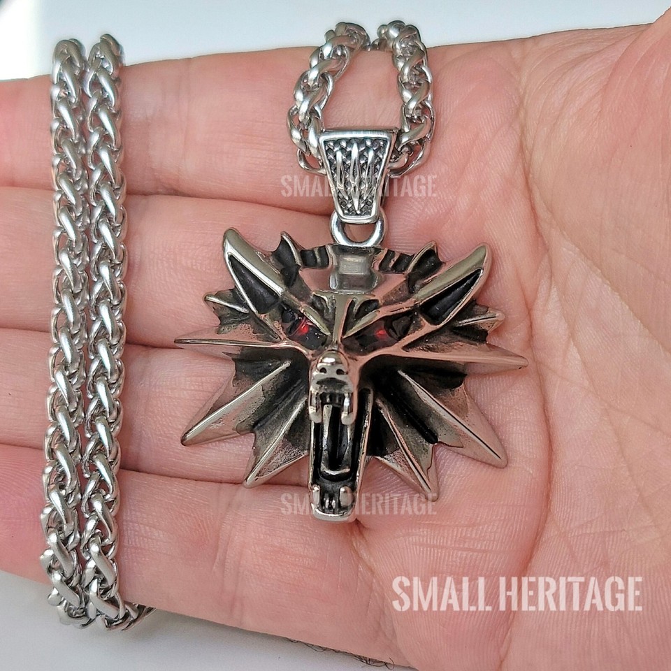 Wolf Head Witcher Necklace Stainless Steel Large Pendant Chain Wizard ...