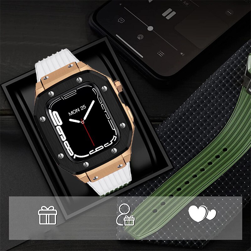 Luxury Rugged Case&Silicone Band Mod Kit For Apple Watch 9 8 7 6 5 4 ...