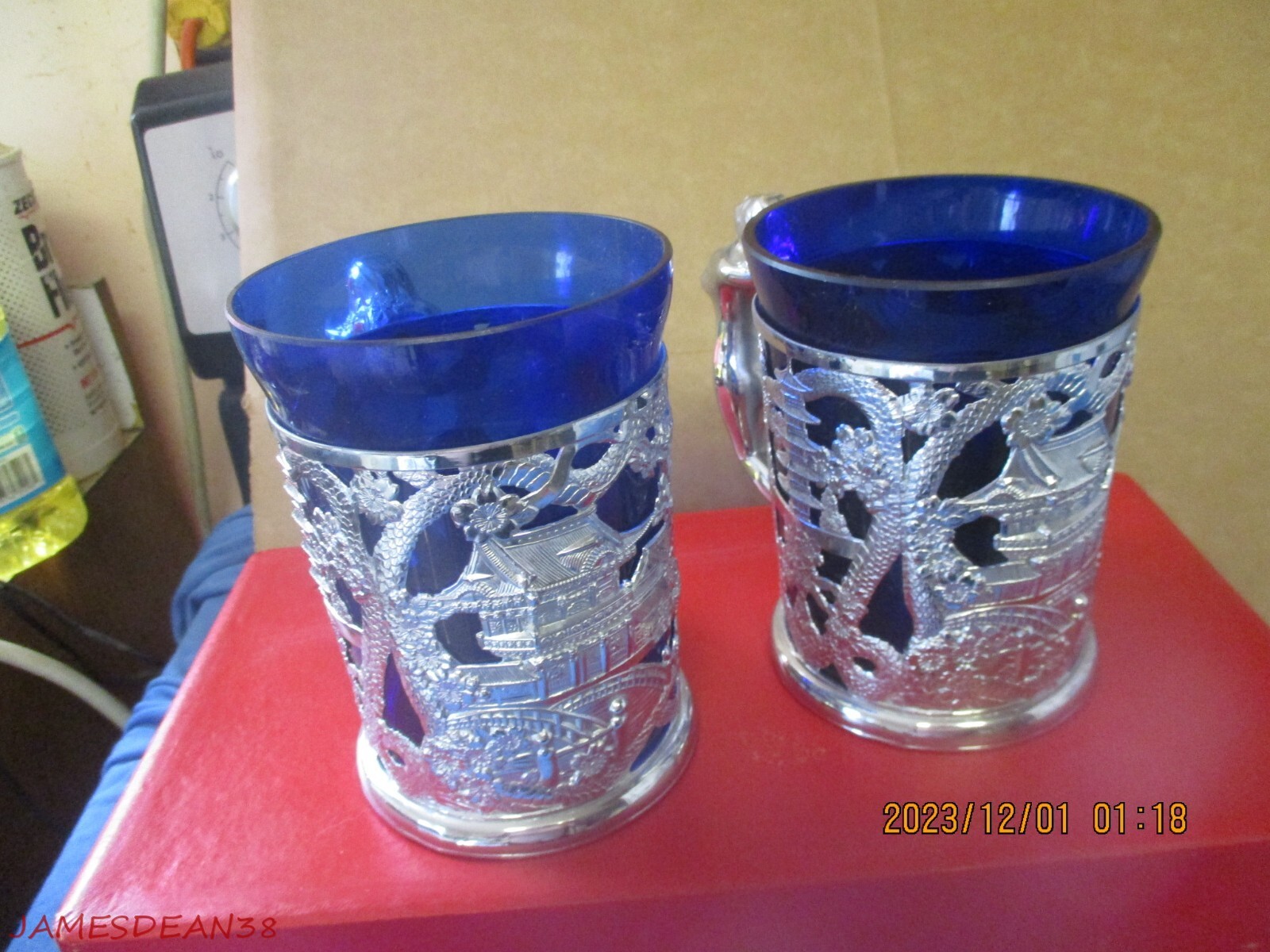 Vintage Art Deco Nude Lady Handle Holder Cobalt Blue Glass Oriental Cup Mug X 2 | eBay