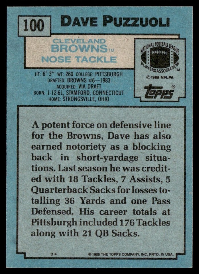 1988 Topps Dave Puzzuoli Cleveland Browns #100 | eBay