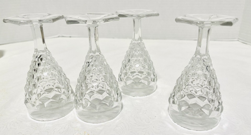 4 Vintage Clear Glass American Fostoria Hexagon Base Stem Wine Juice ...