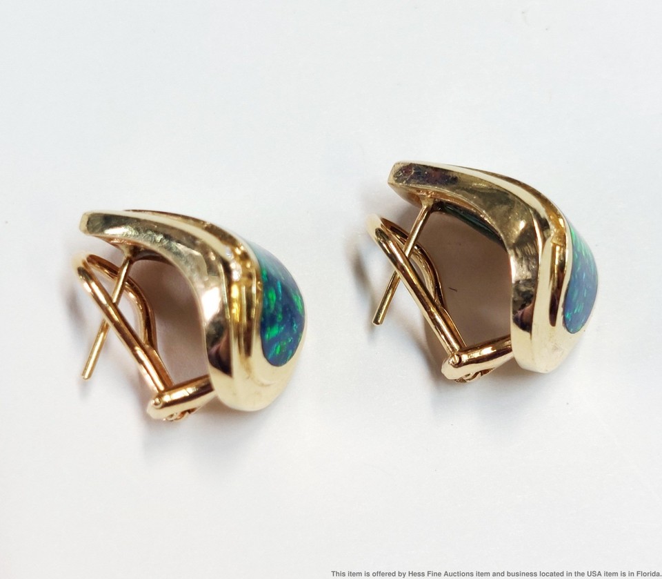 Colorful Opal Inlay 14k Gold Fine Diamond Omega Back Huggie Hoop ...