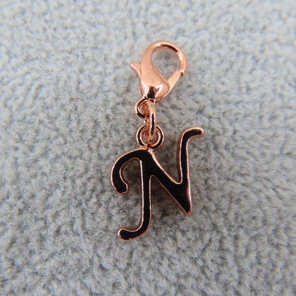 CURSIVE LETTER N Charm Zipper Pull Keychain Add On Clip Rose Gold Tone ...