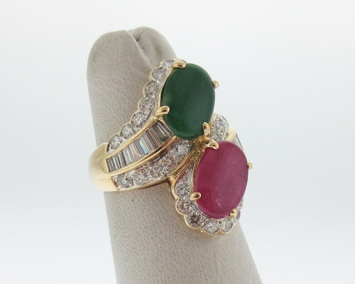 Fine Estate Natural Ruby Jade Diamonds Solid 18k Yellow Gold Bypass Ring | eBay
