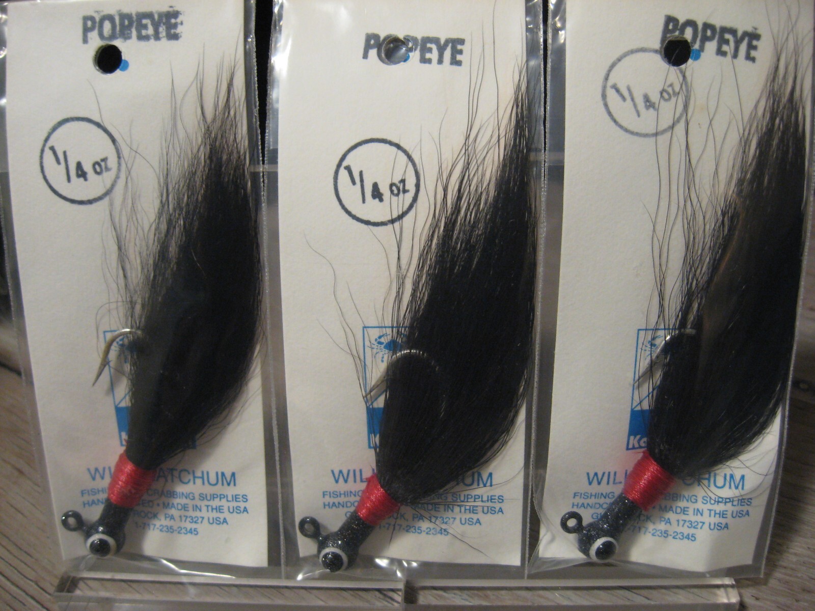 3 Katchum 1/4 Oz Popeye Fishing Jigs Black Bucktail Red Wrap White Eyes ...