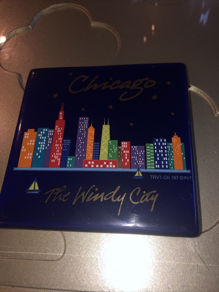 1Chicago The Windy City Coaster 4" x 4" Cobalt Blue/ Multi Color City ...