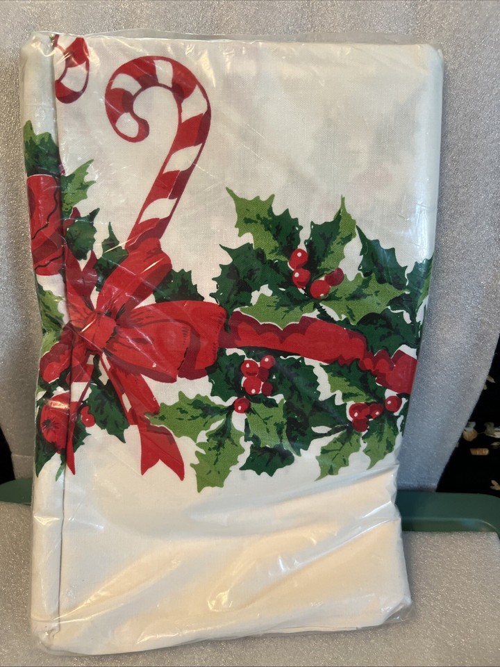 Vintage NEW Simtex Christmas Tablecloth Holly Candy Canes Ornaments ...
