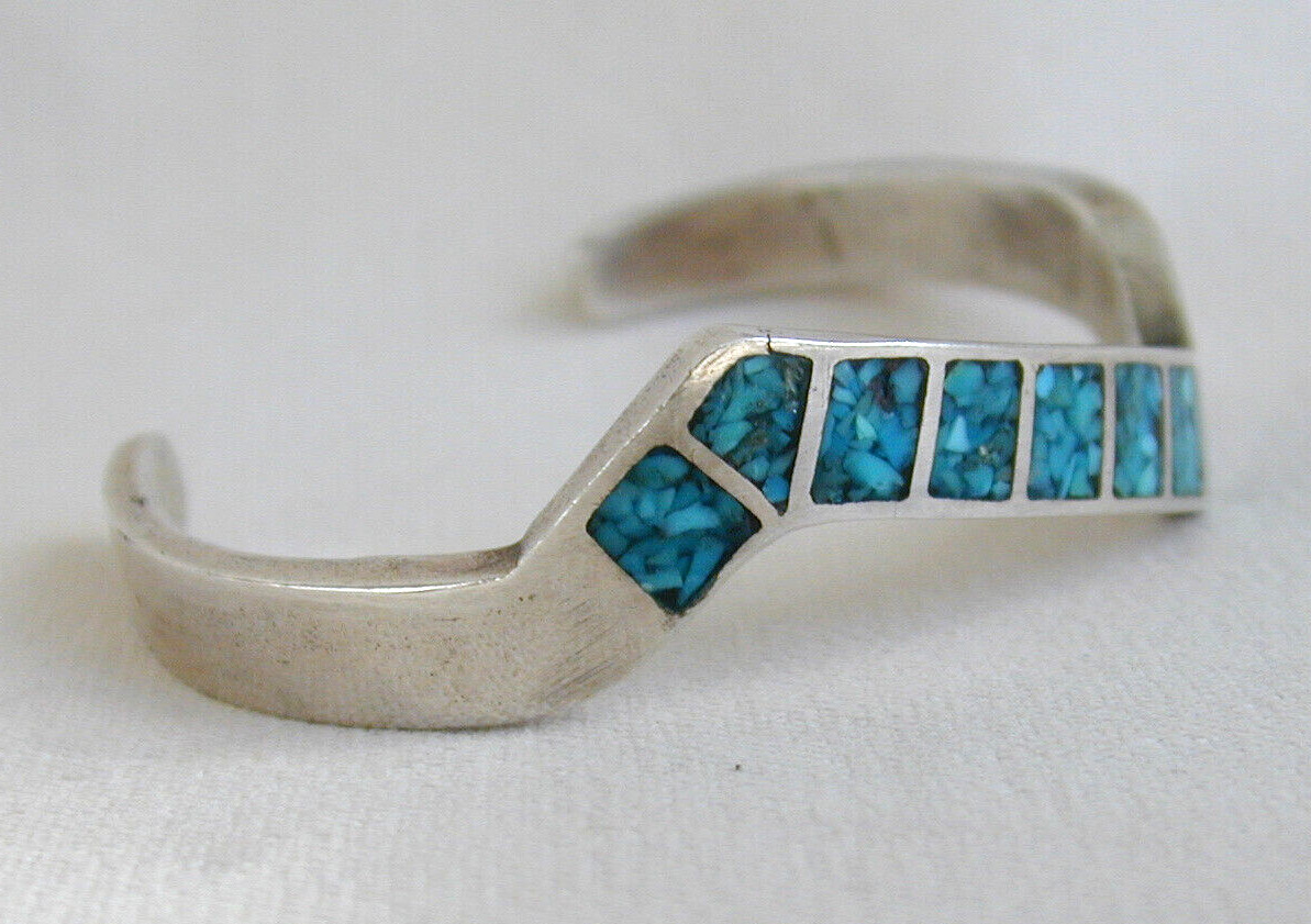 Vtg. Navajo Turquoise Inlay Zig Zag Sterling Silver C… - Gem