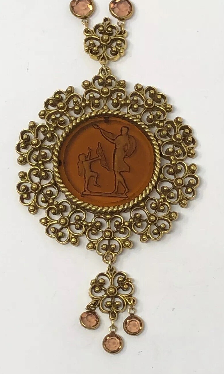 Vintage UnSigned Goldette Intaglio Topaz CRYSTAL Glass Cameo Dangle ...