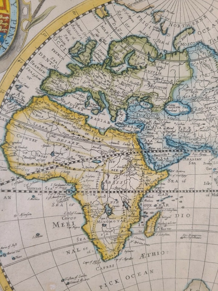 Antique Richard Blome Colored World Map Hemisphere 17th Century English ...