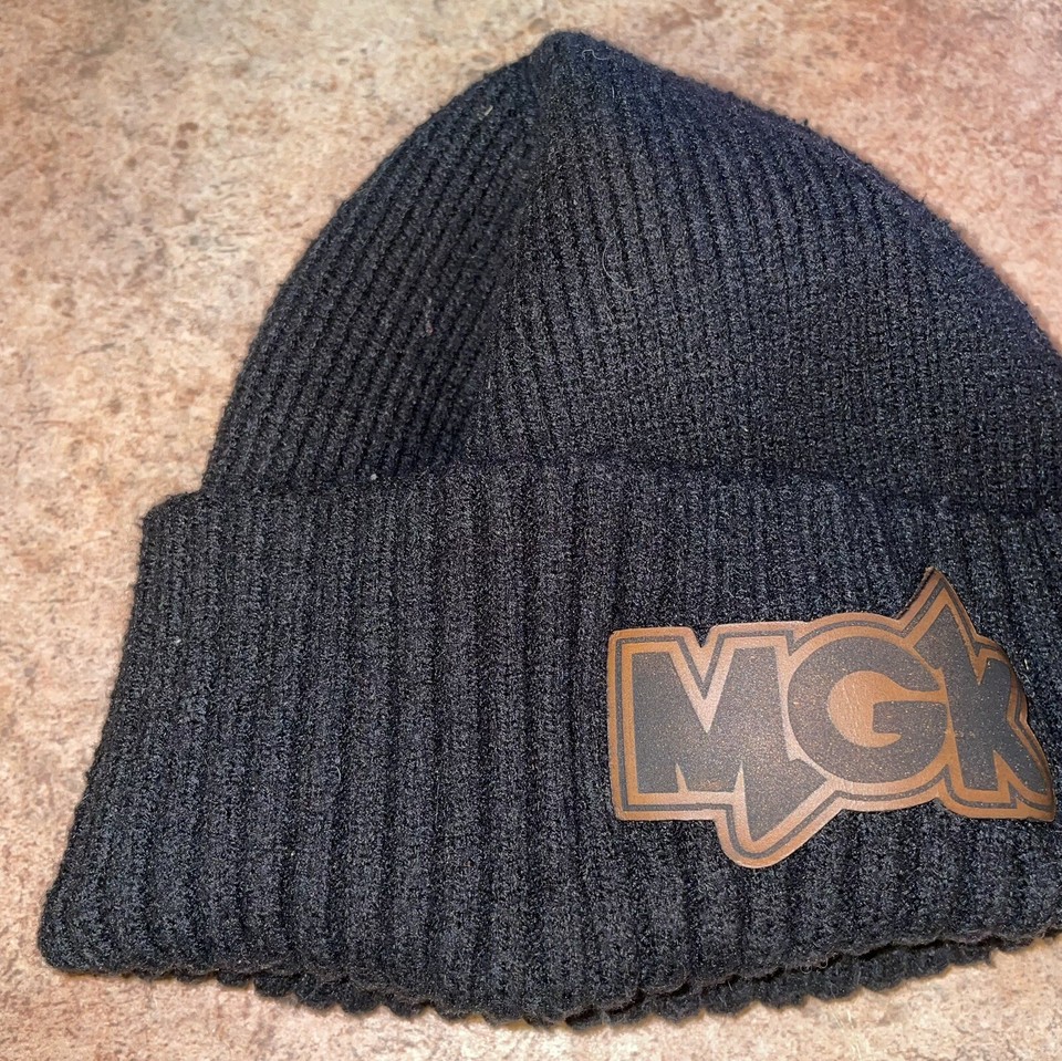 MGK Machine Gun Kelly Hat Beanie Women’s Cap Black Knit Leather Patch ...