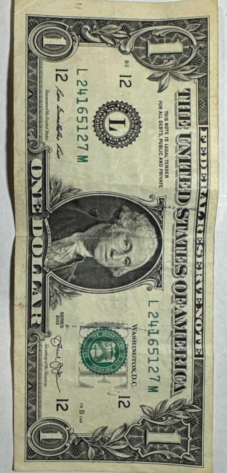 2013 1 Dollar Bill Ink Error. Last Number 7 In Serial Number Misplaced ...