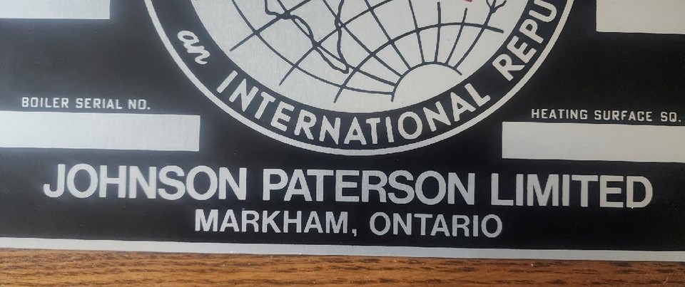 VINTAGE JOHNSON PATERSON MARKHAM ONTARIO CANADA RAY BOILER TAG EMBLEM ...
