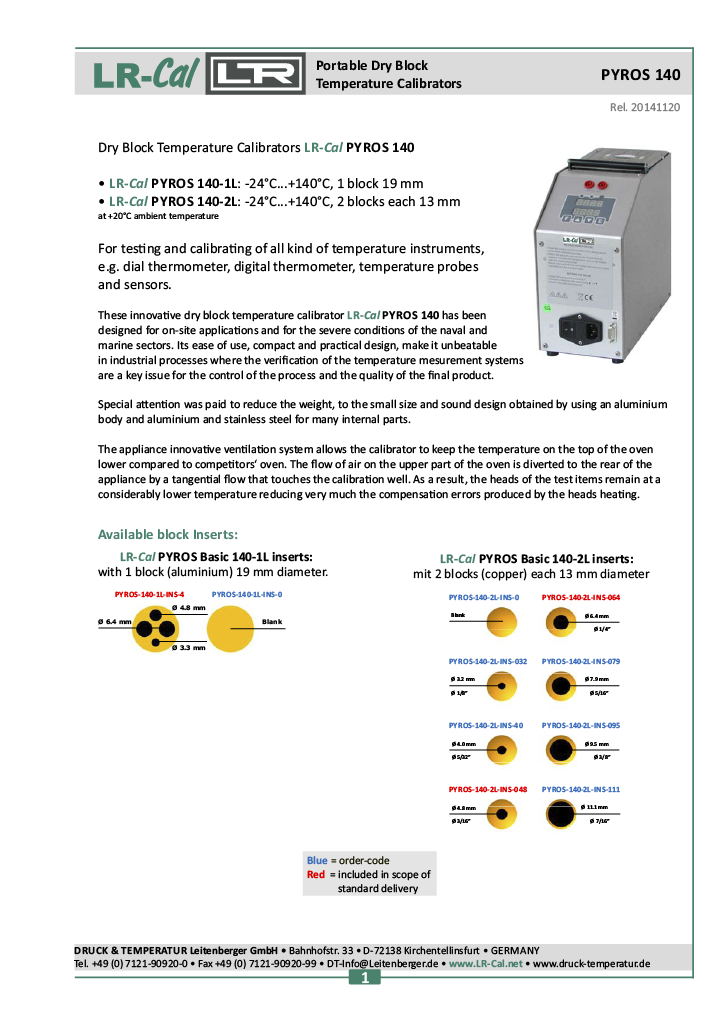 LR-Cal PYROS 140-2L Compact Dry Block Temperature Calibrator -24°C to ...