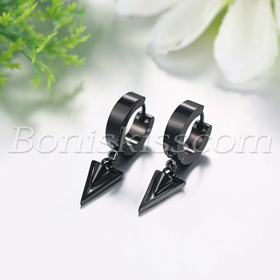 2pcs Mens Womens Stainless Steel Hoop Huggie Drop Dangle Triangle Rivet ...