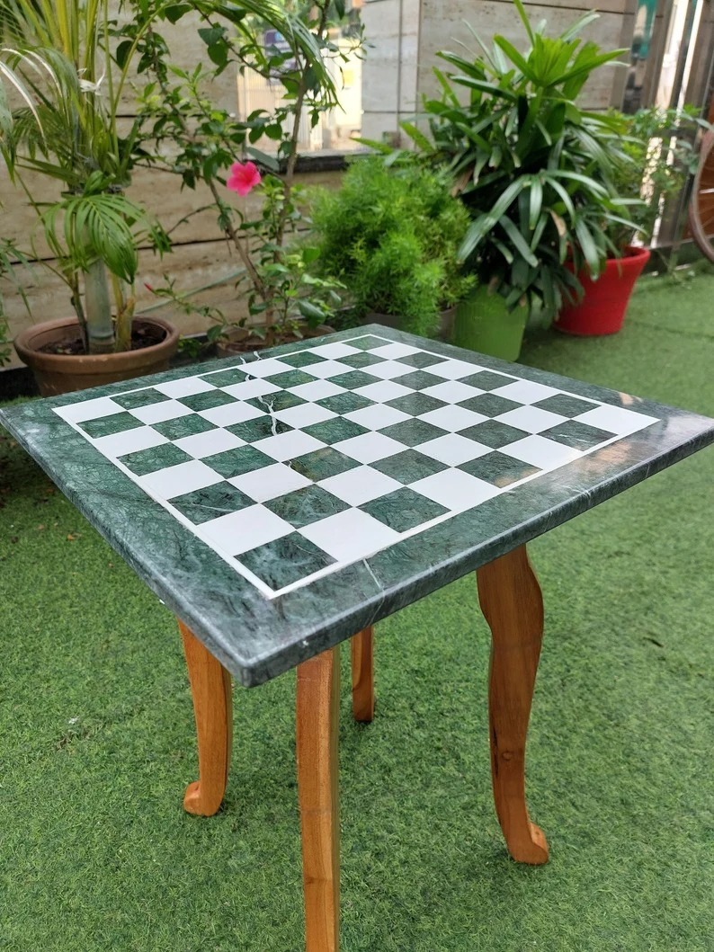 Chess Set in Natural Green Granite Marble with Green and White Pieces ...