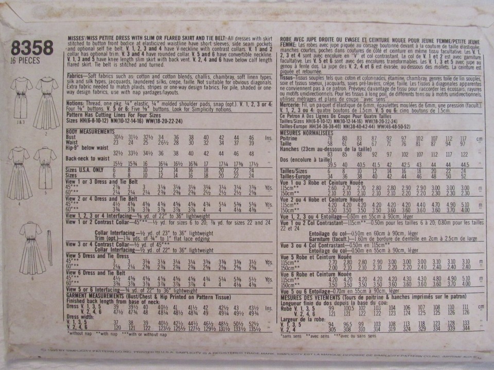 OOP SIMPLICITY 8358 MS/MP Dress w Slim or Flared Skirt & Belt PATTERN ...